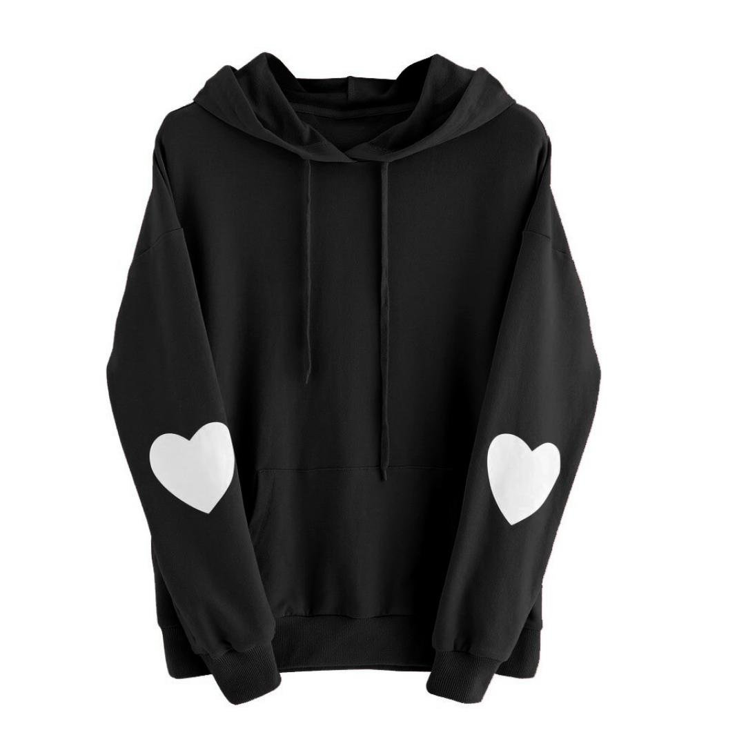 IEason,Womens Long Sleeve Heart Hoodie Sweatshirt Jumper Hooded Pullover Tops Blouse (XL, Black)