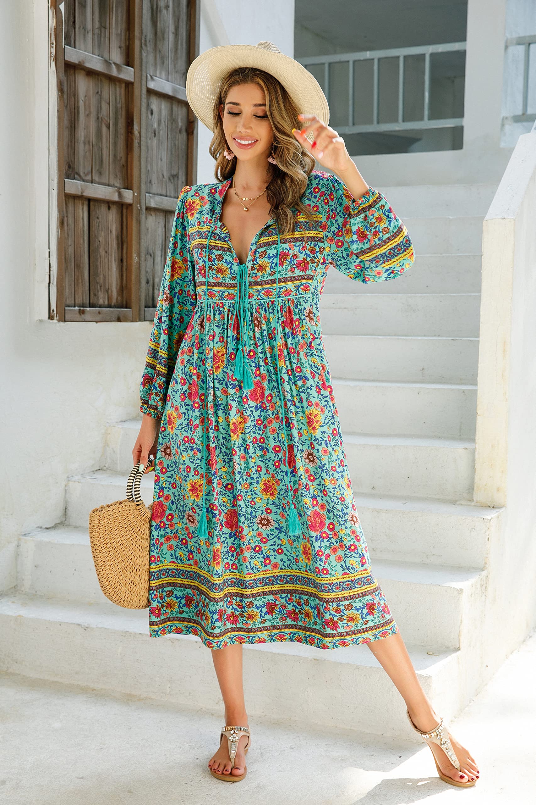 R.Vivimos Women's Long Sleeve Floral Print Retro V Neck Tassel Bohemian Midi Dresses (Medium, Green)