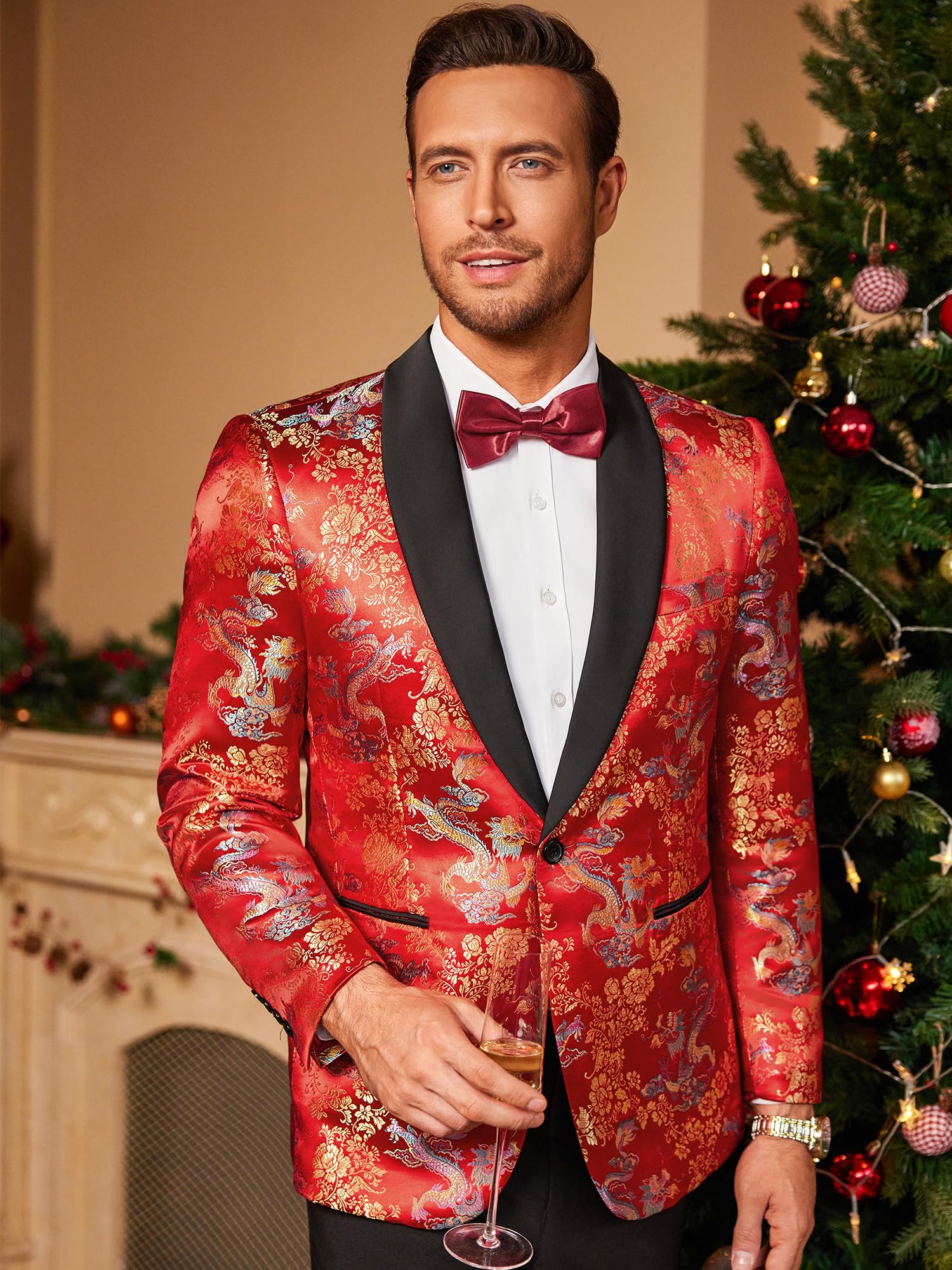 Coofandy Men's Stylish Dragon Floral Suits Fashion Slim Fit One-Button Blazer Jacket, Red, XX-Large