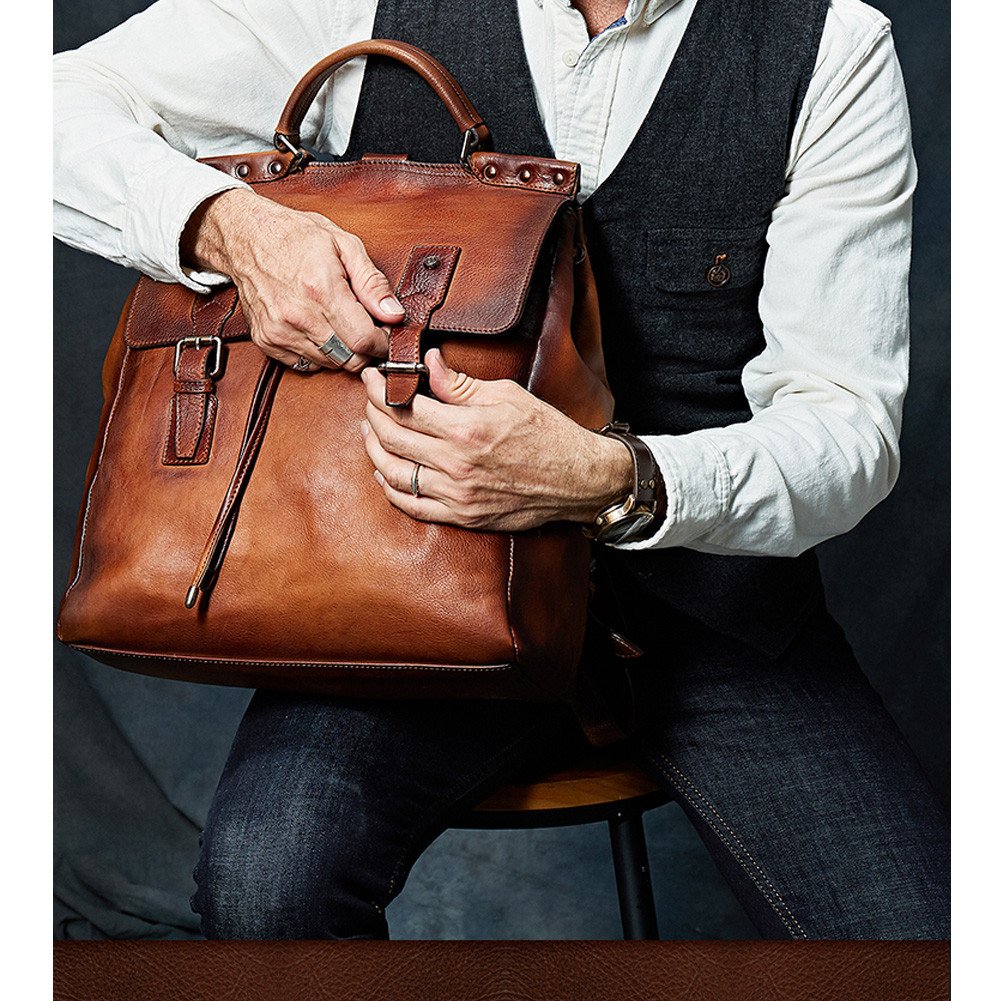 Denny&Dora Genuine Leather Backpack Vintage Laptop Bag Luxury Bookbag MensCasual Travel Daypack Large Capacity (Brown)