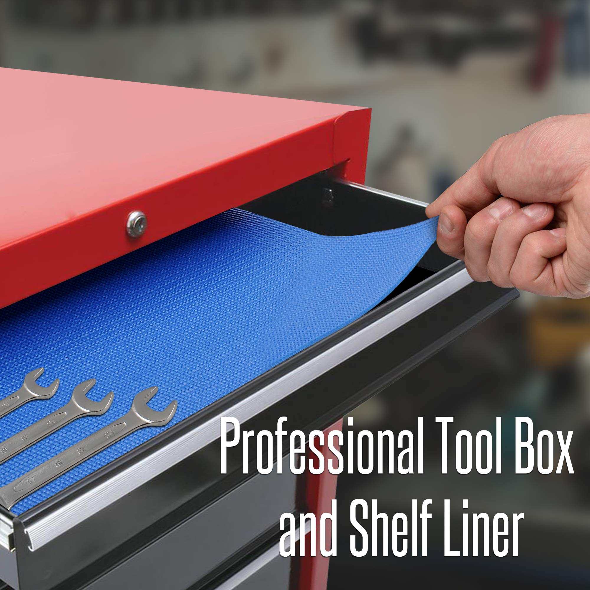 Reizen Tech Max-Tough Tool Box Liner-18 inches x 24 feet x 3mm - Stay-Put Surface Defends Against Wear and Tear - Keeps Tools Protected and Organized - Garage Shelves, Tool Chest, and Cabinets - Blue