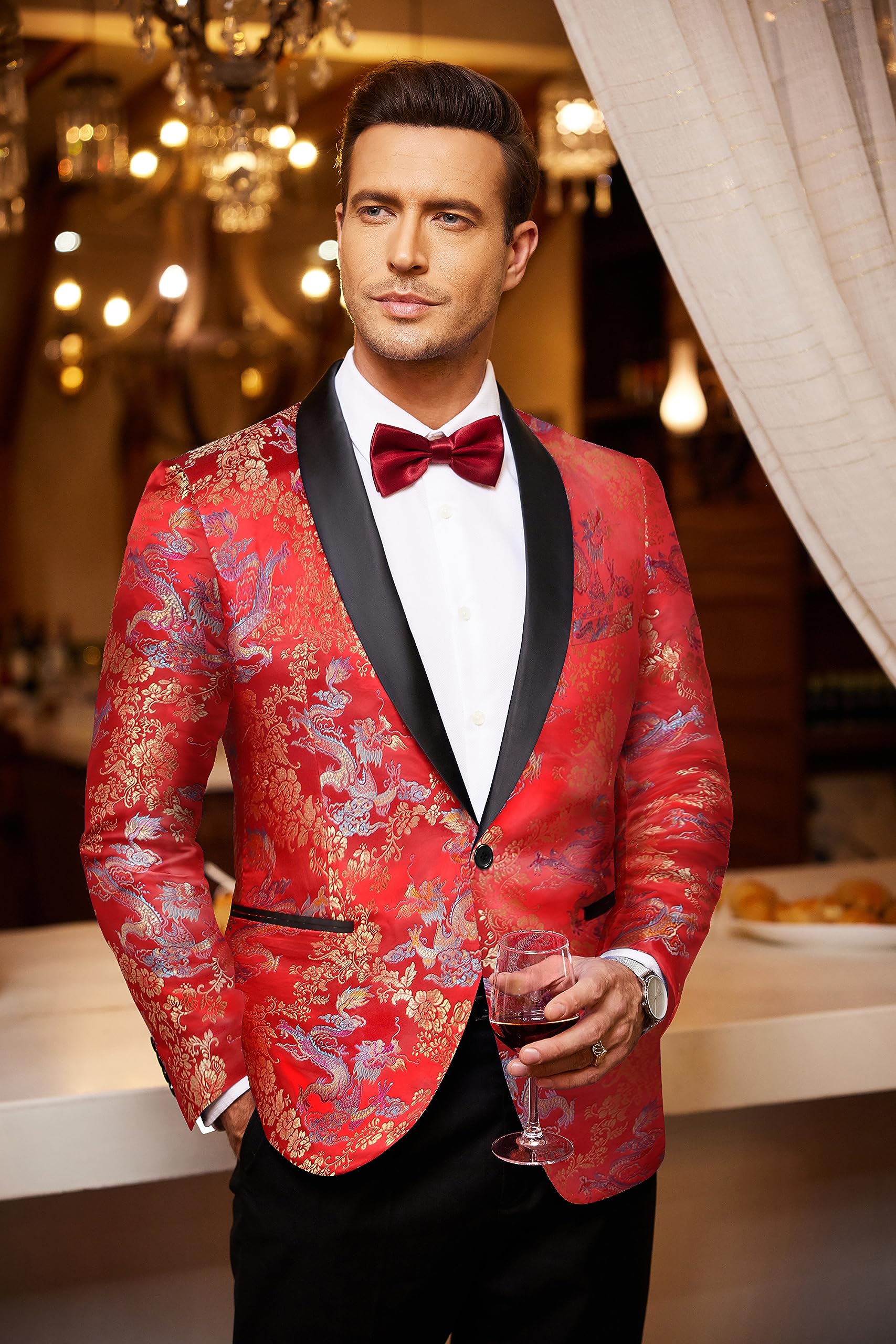 Coofandy Men's Stylish Dragon Floral Suits Fashion Slim Fit One-Button Blazer Jacket, Red, XX-Large