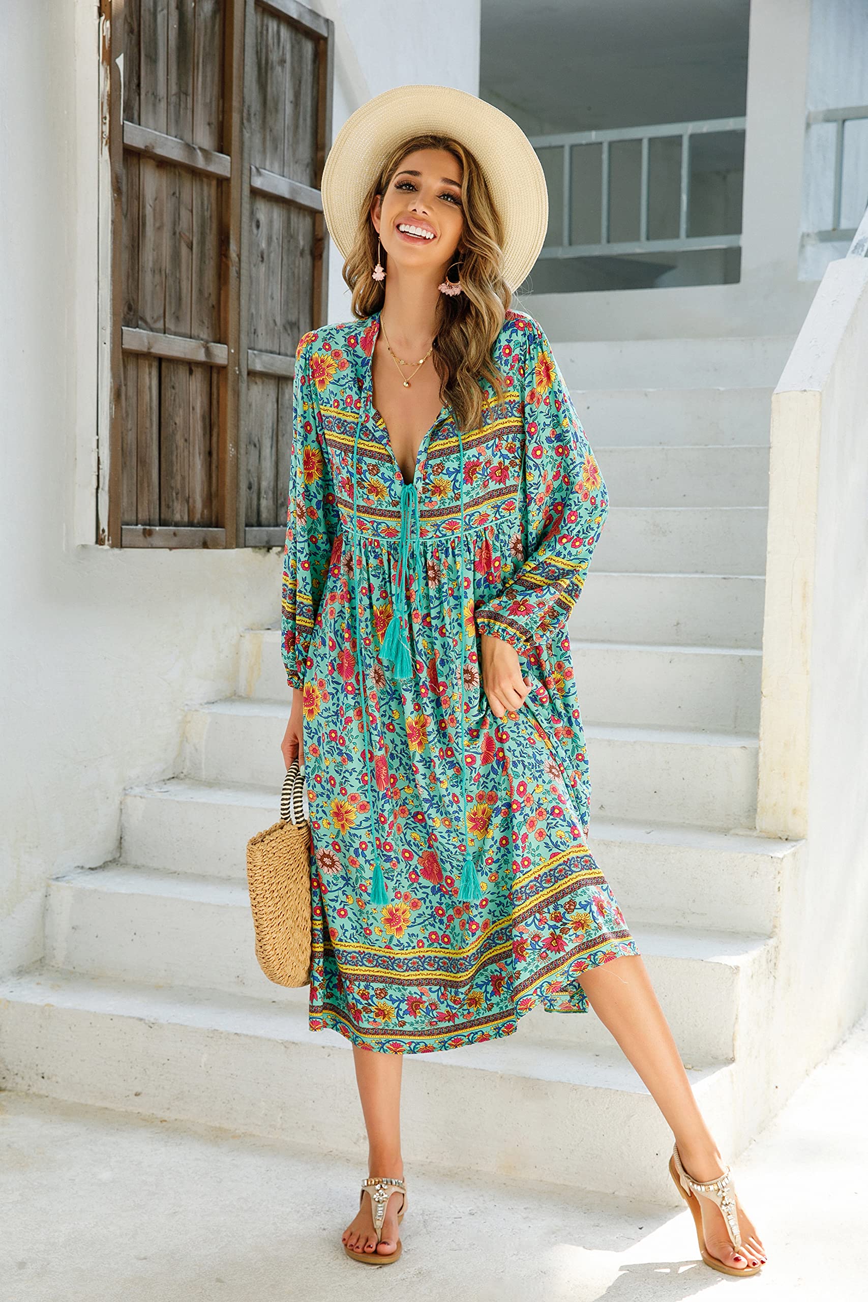 R.Vivimos Women's Long Sleeve Floral Print Retro V Neck Tassel Bohemian Midi Dresses (Medium, Green)