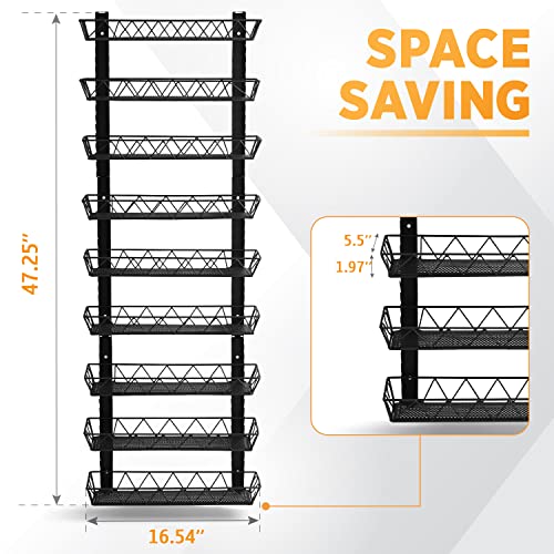 Spice Rack Wall Mount, 9 Tier Adjustable Spice Rack, Spice Organizer, Pantry Door Organizer, Heavy Duty/Easy to Assemble Space Saving Hanging Spice Seasoning Rack Organizer for Kitchen Cabinet
