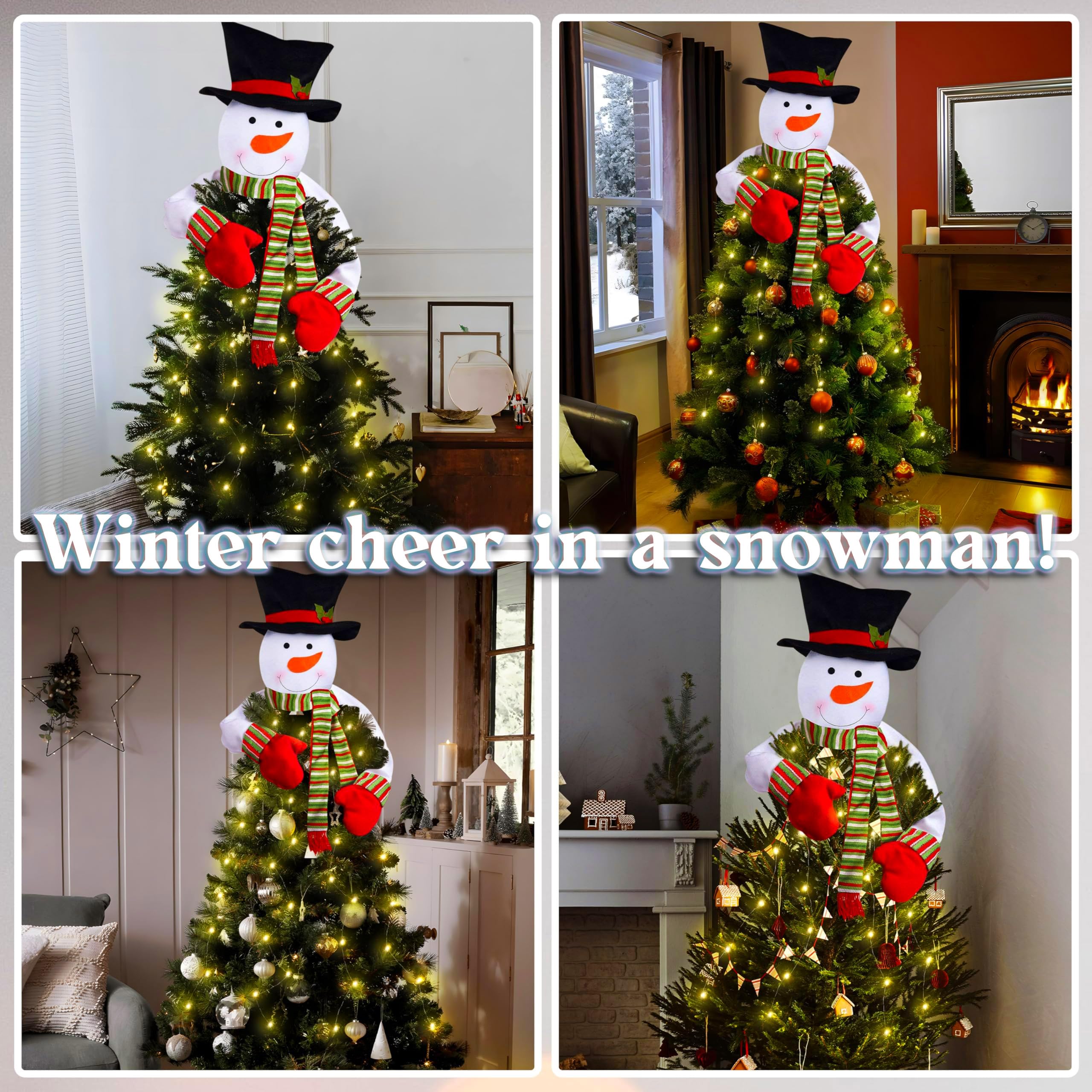 Christmas Tree Topper Snowman Hugger with Lights Strips - Xmas Holiday Winter Wonderland Party Decoration Ornament Supplies