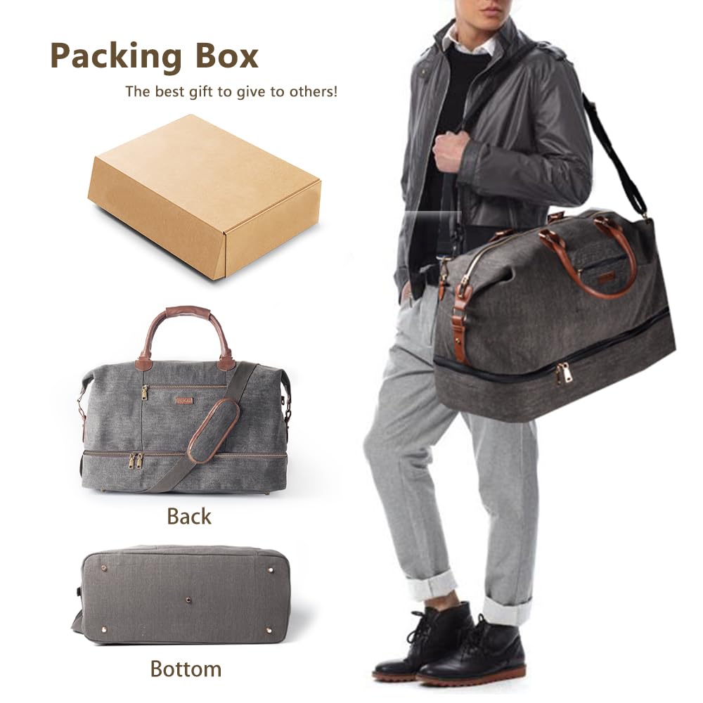 MyMealivos Canvas Weekender Bag, Overnight Travel Carry On Duffel Tote with Shoe Pouch (Grey)