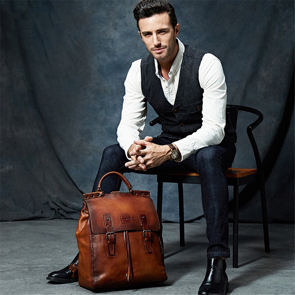 Denny&Dora Genuine Leather Backpack Vintage Laptop Bag Luxury Bookbag MensCasual Travel Daypack Large Capacity (Brown)