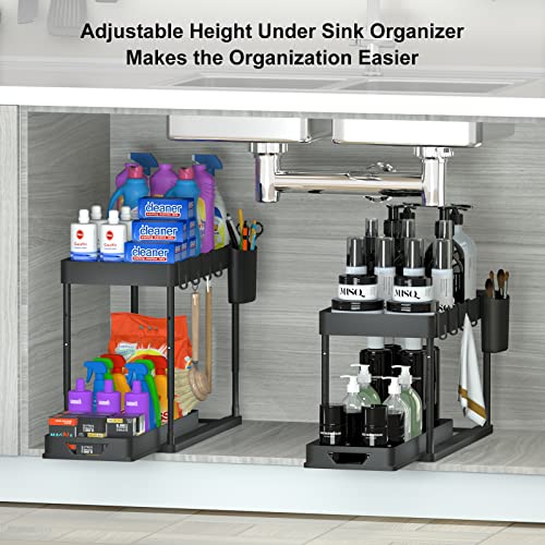 Under Sink Organizers And Storage Liftable Sink Shelf, ONADAK 2 Tier Sliding Under Bathroom Cabinet Organizer Drawer with 4 Hooks & 1 Hanging Cup Under Kitchen Sink Storage Bathroom Organizer(Black)
