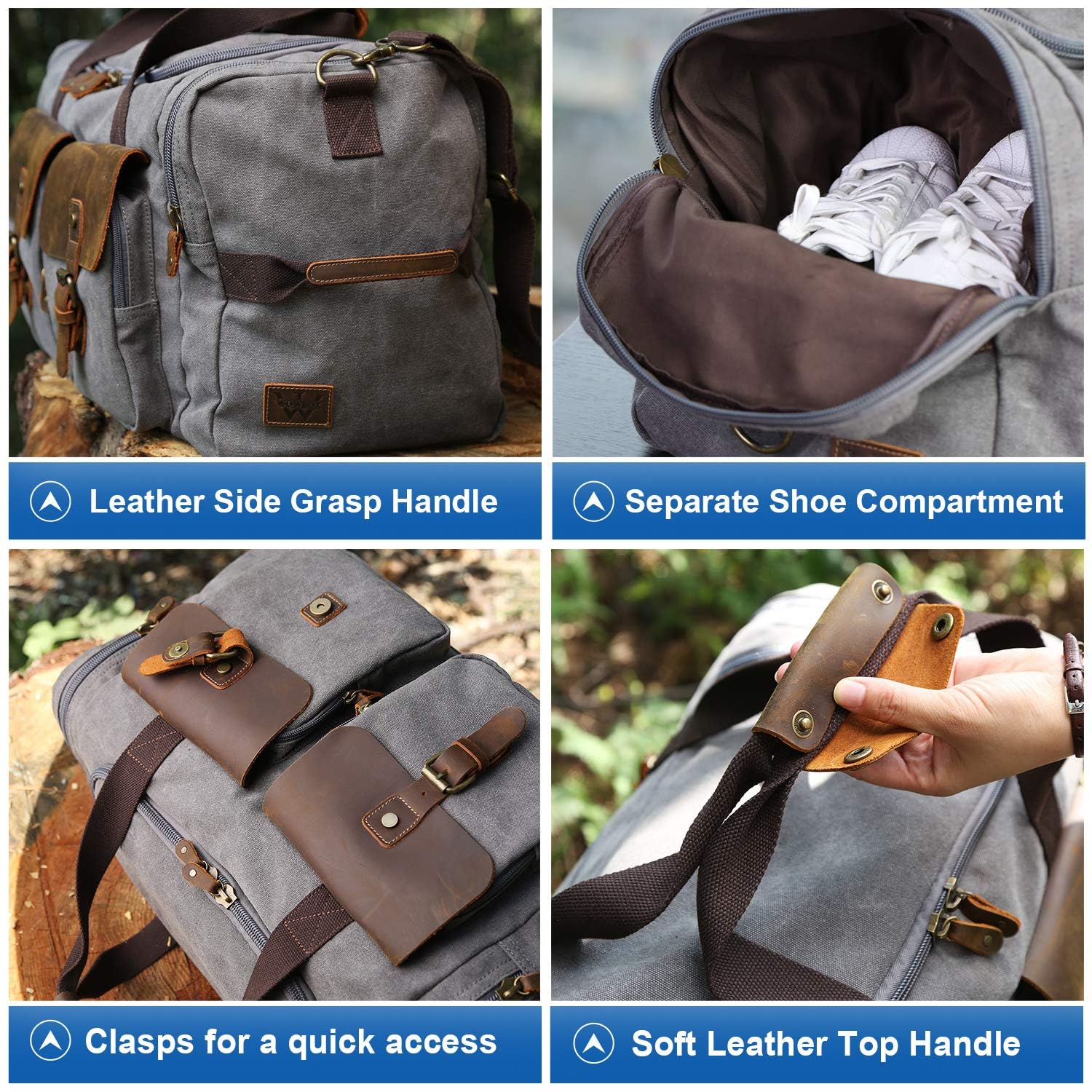 WOWBOX Duffle Bag Weekender Duffel Bag for Men and Women Genuine Leather Canvas Travel Overnight Carry on Bag with Shoes Compartment Grey