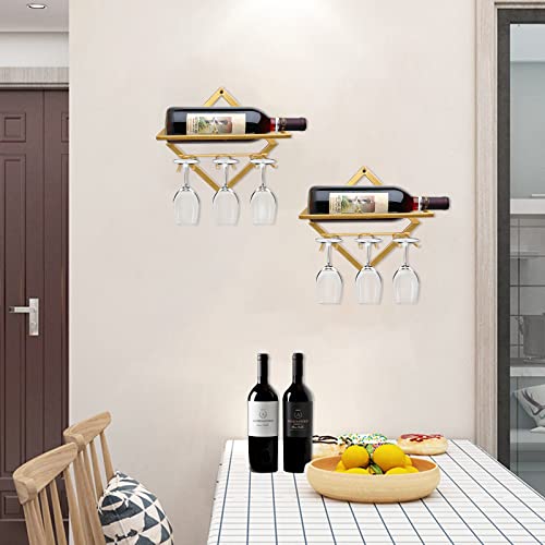 2Pcs Metal Wall Mounted Wine Holder Stemware Glass Rack, Upgrade Collapsible Hanging Red Wine Racks Organizer with 3 Stem Glass Holders, Wine Bottle Display Hanger for Home Kitchen Bar Decor…