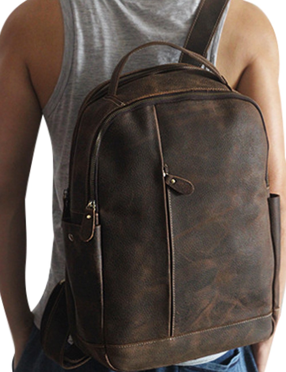 Zoulee Men's Leather Backpack Zipper Backpack Travel Backpack Dark Brown