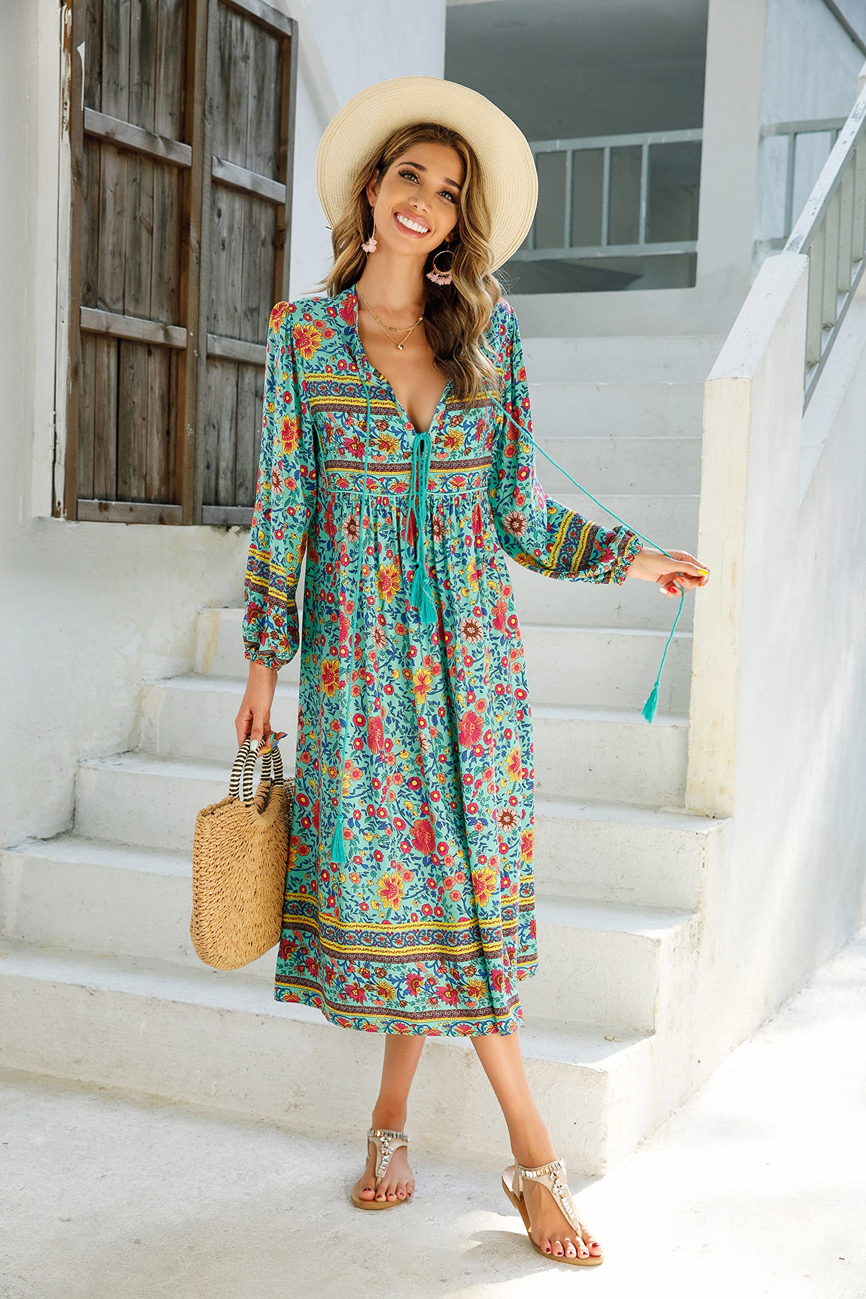 R.Vivimos Women's Long Sleeve Floral Print Retro V Neck Tassel Bohemian Midi Dresses (Medium, Green)