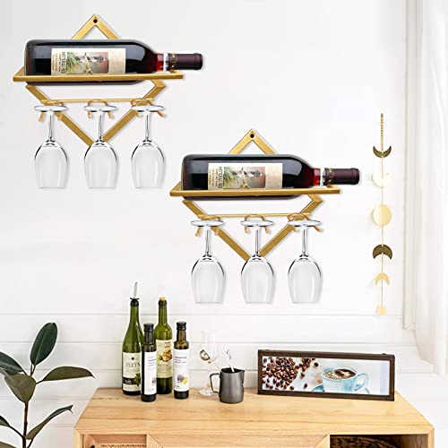 2Pcs Metal Wall Mounted Wine Holder Stemware Glass Rack, Upgrade Collapsible Hanging Red Wine Racks Organizer with 3 Stem Glass Holders, Wine Bottle Display Hanger for Home Kitchen Bar Decor…