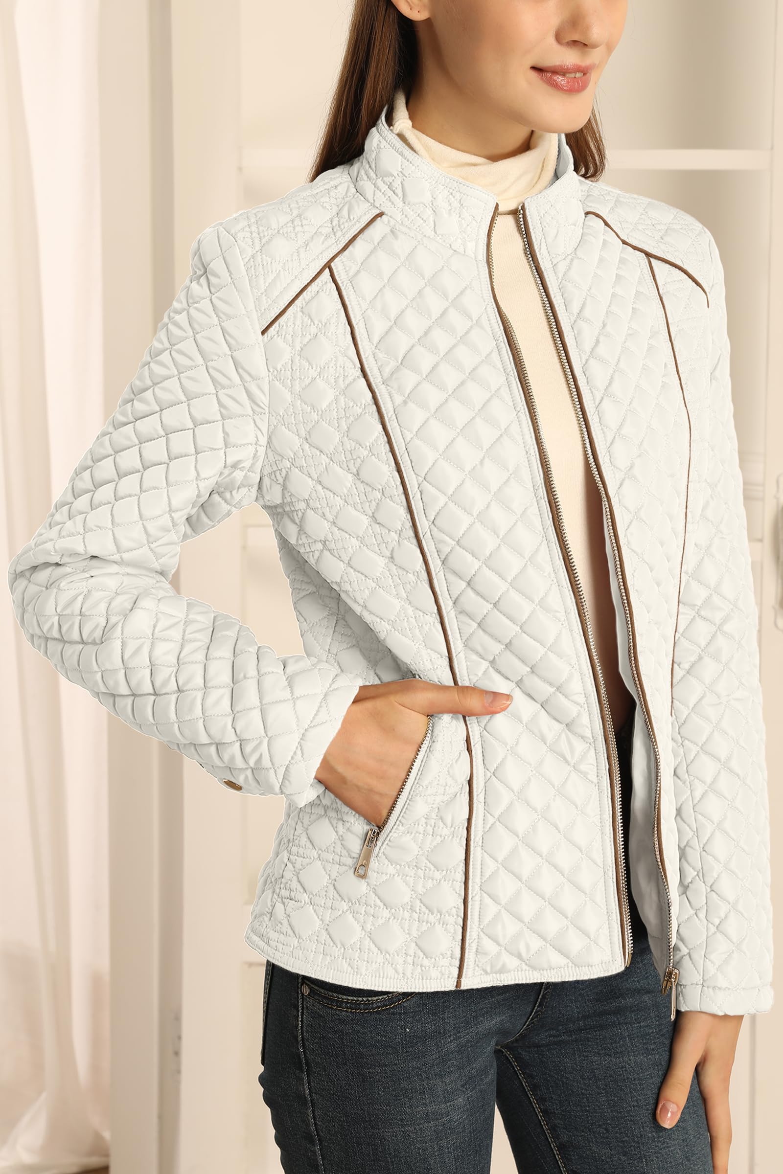 Bellivera Women's Stand Collar Lightweight Quilted Puffer Jacket Padded Zip Coat for Spring and Winter 087 White L