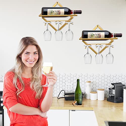 2Pcs Metal Wall Mounted Wine Holder Stemware Glass Rack, Upgrade Collapsible Hanging Red Wine Racks Organizer with 3 Stem Glass Holders, Wine Bottle Display Hanger for Home Kitchen Bar Decor…