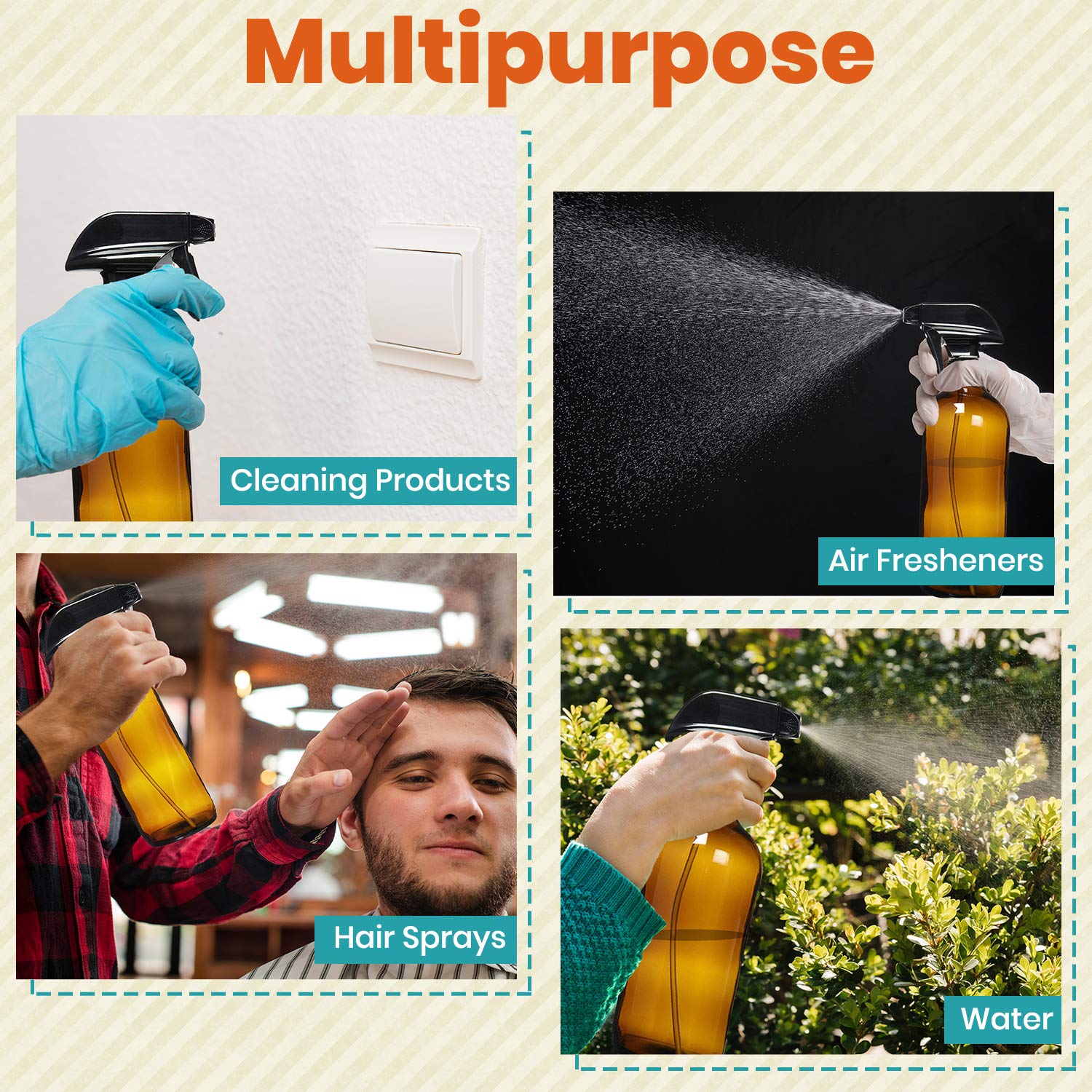 Amber Glass Spray Bottles For Cleaning Solutions (4 Pack) - 16 Ounce, Refillable Sprayer for Essential Oil, Water, Kitchen, Hair. Durable Black Trigger Sprayer w/Mist and Stream Settings