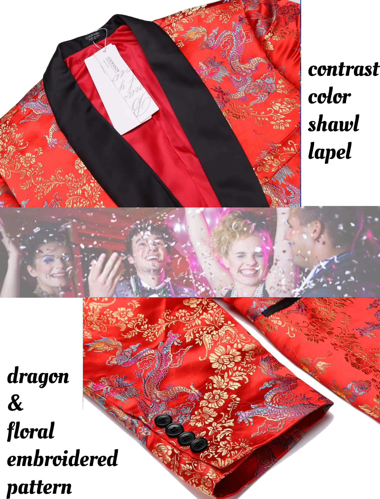 Coofandy Men's Stylish Dragon Floral Suits Fashion Slim Fit One-Button Blazer Jacket, Red, XX-Large