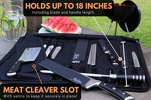 Chef’s Knife Roll (14 slots) and 10 Piece Knife Guards Bundle. Knife Bag Holds 10 Knives PLUS Meat Cleaver and Zippered Pouch. Knives Sheaths are Durable, Non-BPA, and Felt-Lined. Knives Not Included