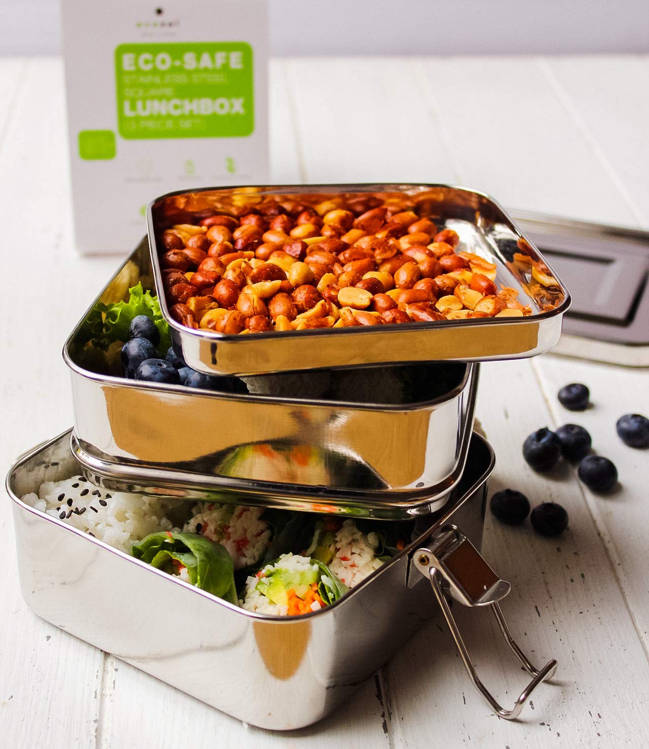 ecozoi Stainless Steel Lunch Box, 3-in-1 Eco Friendly Stackable Bento Box, Plastic Free Meal Prep Food Container, With Bonus Inner Tray, Square (1500 ml or 50 oz)