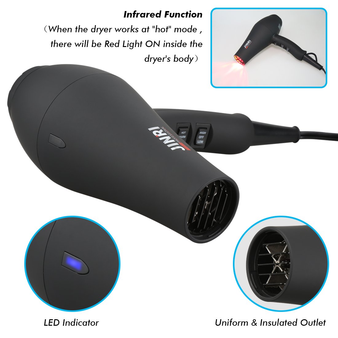 Ionic Infrared Blow Dryer - 1875W Professional Salon Dryer with Diffuser & Concentrator Attachments for Curly Hair, Black (XX-Large)