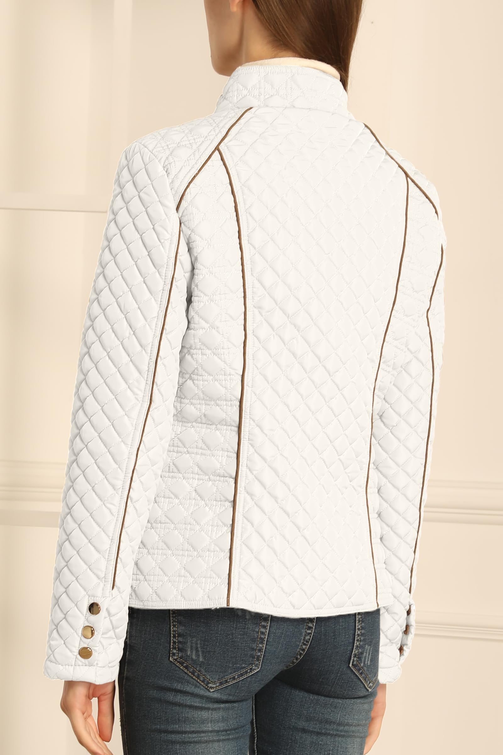 Bellivera Women's Stand Collar Lightweight Quilted Puffer Jacket Padded Zip Coat for Spring and Winter 087 White L