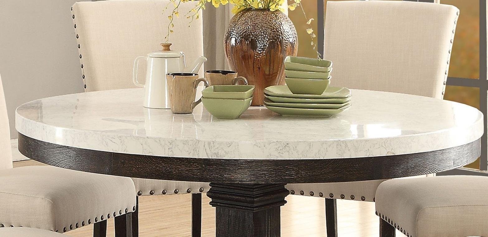 Acme 7PC Round White Marble Top Weathered Black Finish Wood Dining Table Set