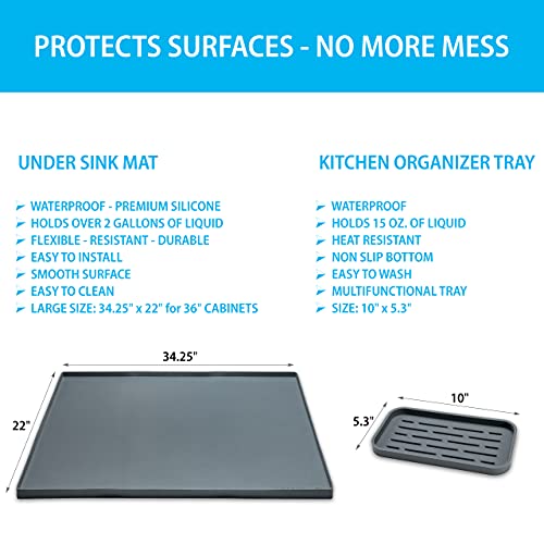 Pacific HKB Mats Under Sink Mat for Kitchen Waterproof - Silicone Under Sink Liner (34.25β x 22β) plus Organizer Tray - Under the Sink Mat for Kitchen Cabinet - Versatile Under Sink Tray - Gray