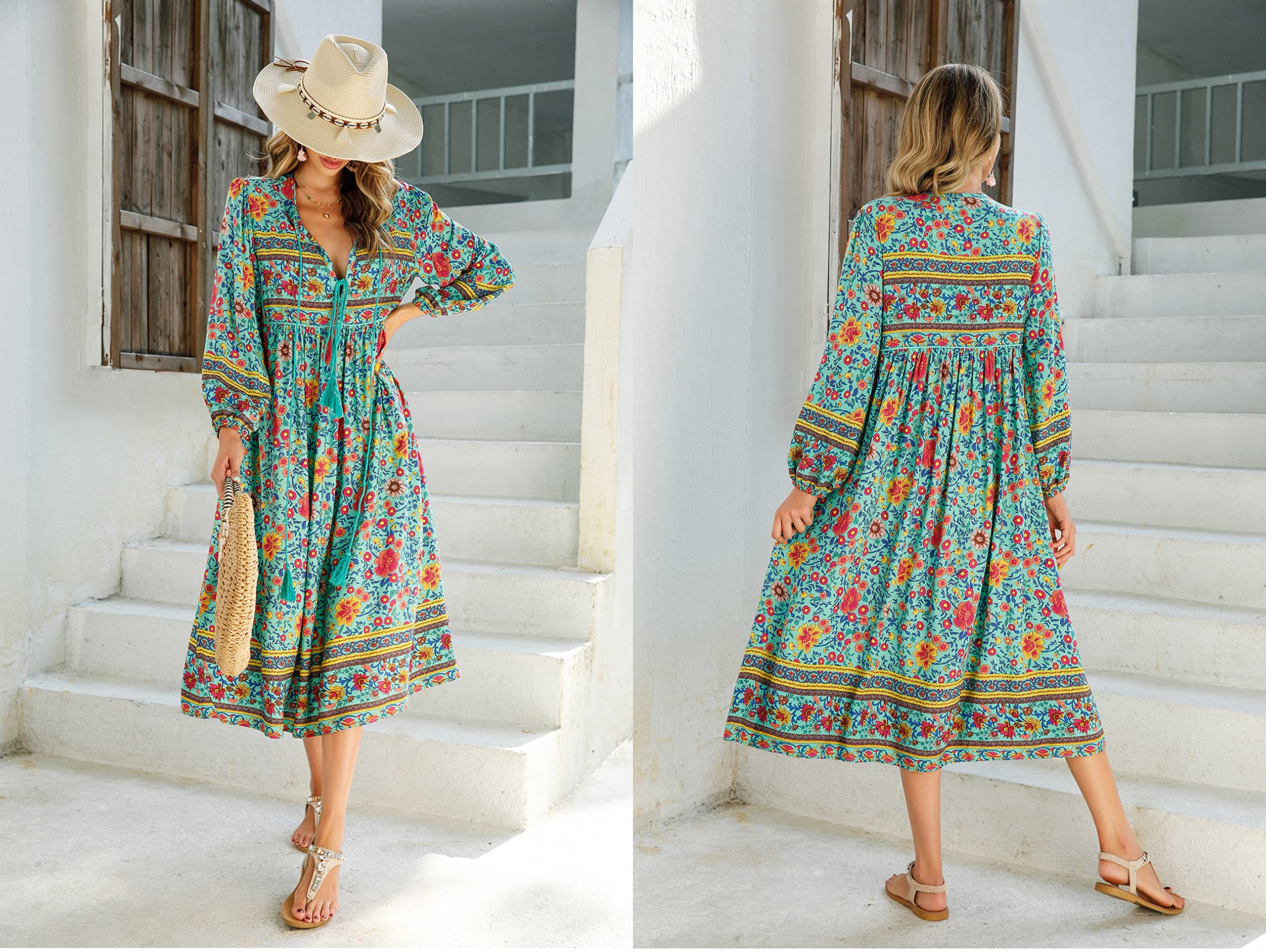 R.Vivimos Women's Long Sleeve Floral Print Retro V Neck Tassel Bohemian Midi Dresses (Medium, Green)