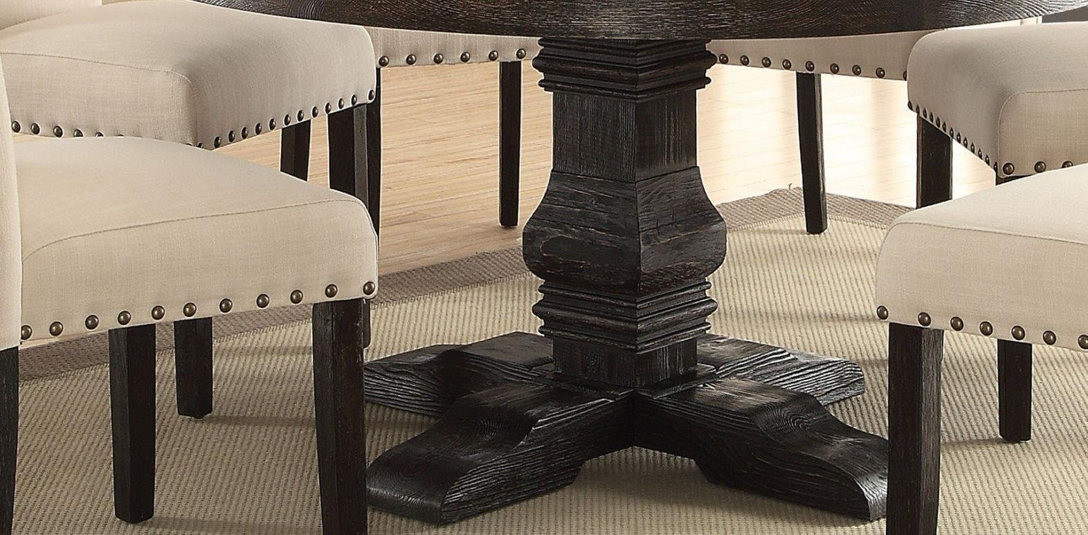 Acme 7PC Round White Marble Top Weathered Black Finish Wood Dining Table Set
