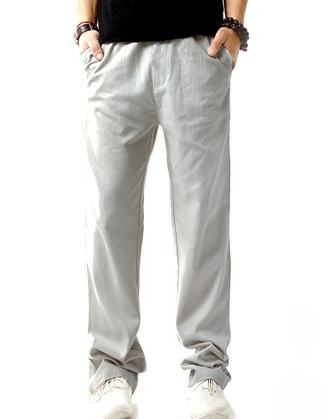 SIR7 Men's Linen Casual Lightweight Drawstrintg Elastic Waist Summer Beach Pants Light Grey 2L