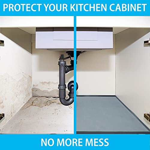 Pacific HKB Mats Under Sink Mat for Kitchen Waterproof - Silicone Under Sink Liner (34.25β x 22β) plus Organizer Tray - Under the Sink Mat for Kitchen Cabinet - Versatile Under Sink Tray - Gray