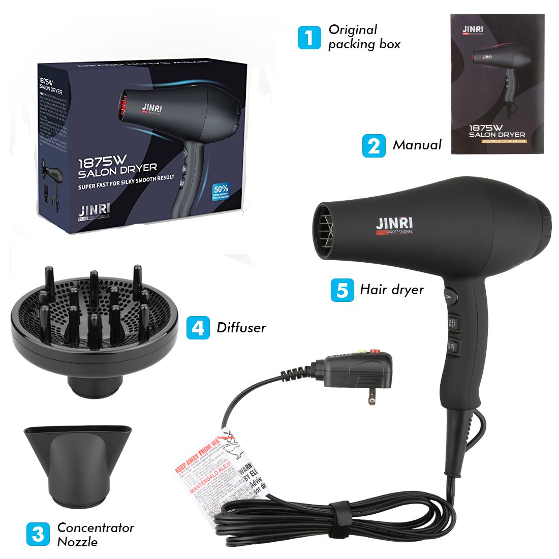 Ionic Infrared Blow Dryer - 1875W Professional Salon Dryer with Diffuser & Concentrator Attachments for Curly Hair, Black (XX-Large)