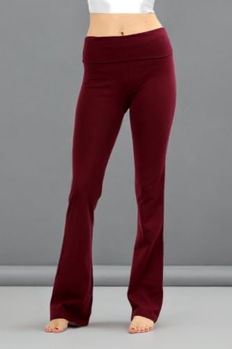 Zenana Premium Cotton FOLD Over Yoga Flare Pants,Burgundy,X-Large