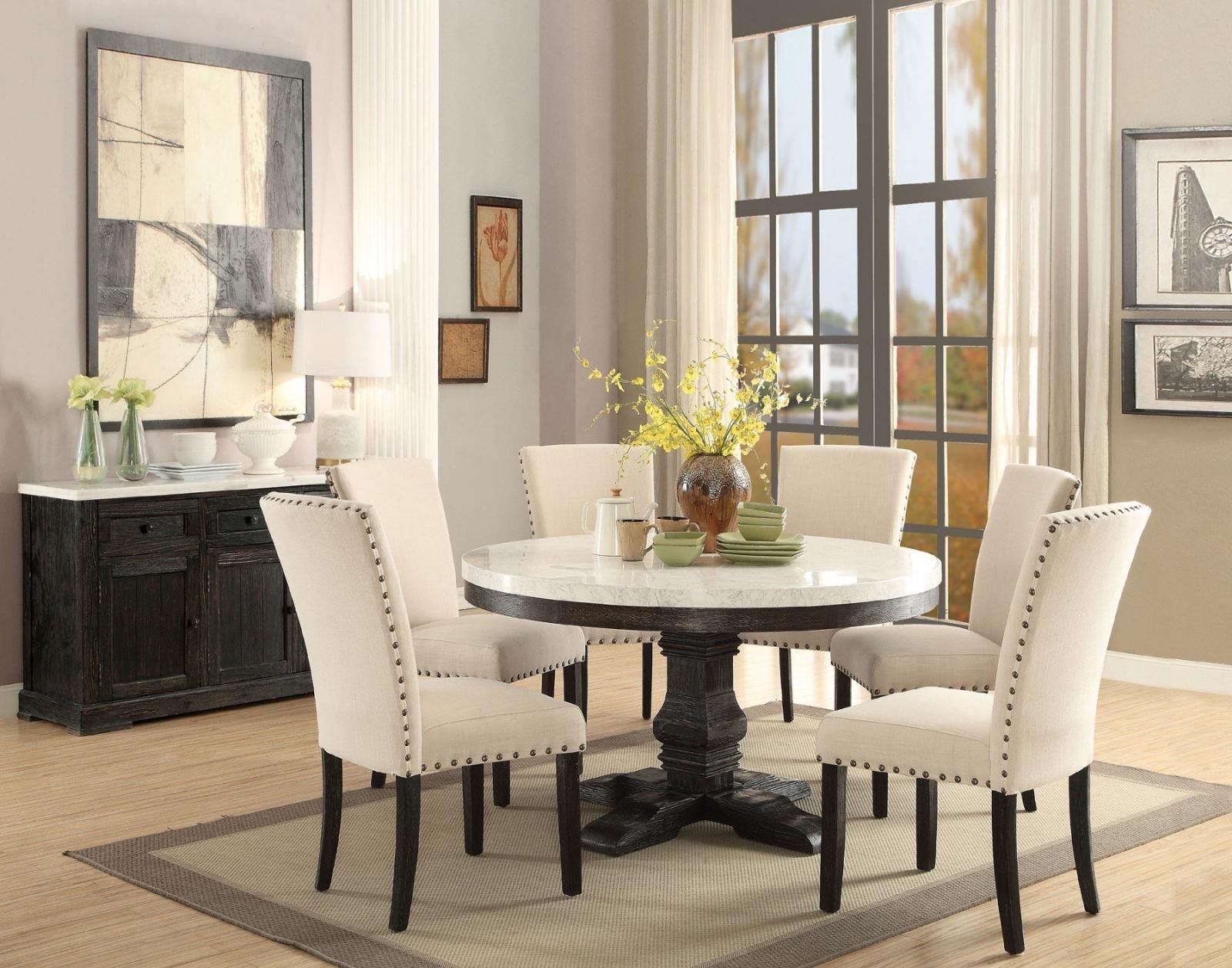 Acme 7PC Round White Marble Top Weathered Black Finish Wood Dining Table Set