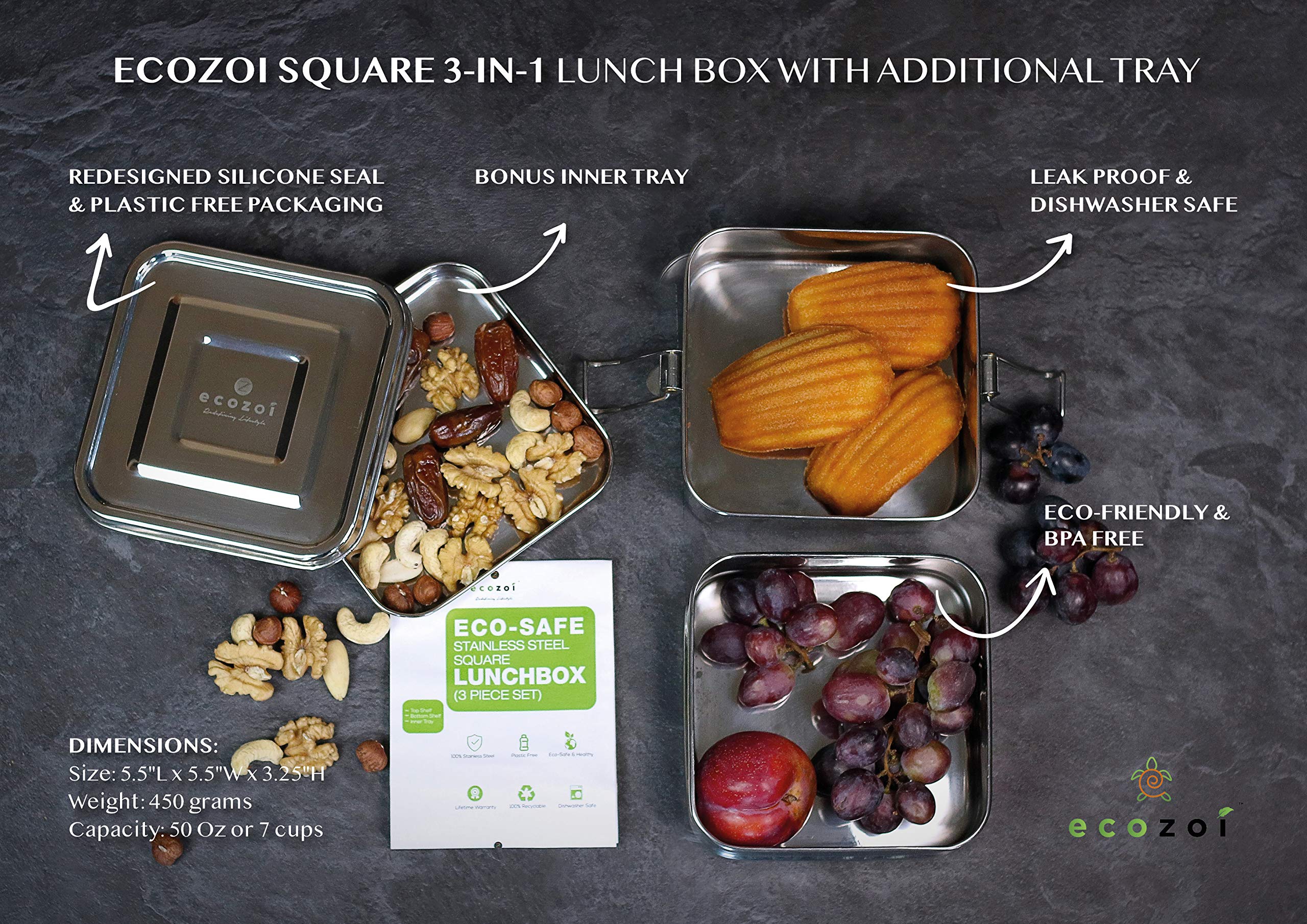 ecozoi Stainless Steel Lunch Box, 3-in-1 Eco Friendly Stackable Bento Box, Plastic Free Meal Prep Food Container, With Bonus Inner Tray, Square (1500 ml or 50 oz)