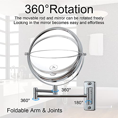 Lansi Wall Mounted Makeup Mirror, 7x/1x Double-Sided Magnifying Mirror, 360° Extendable Arm Wall Mirror, 8 inch Bathroom Mirror for Makeup or Shaving Chrome Finish