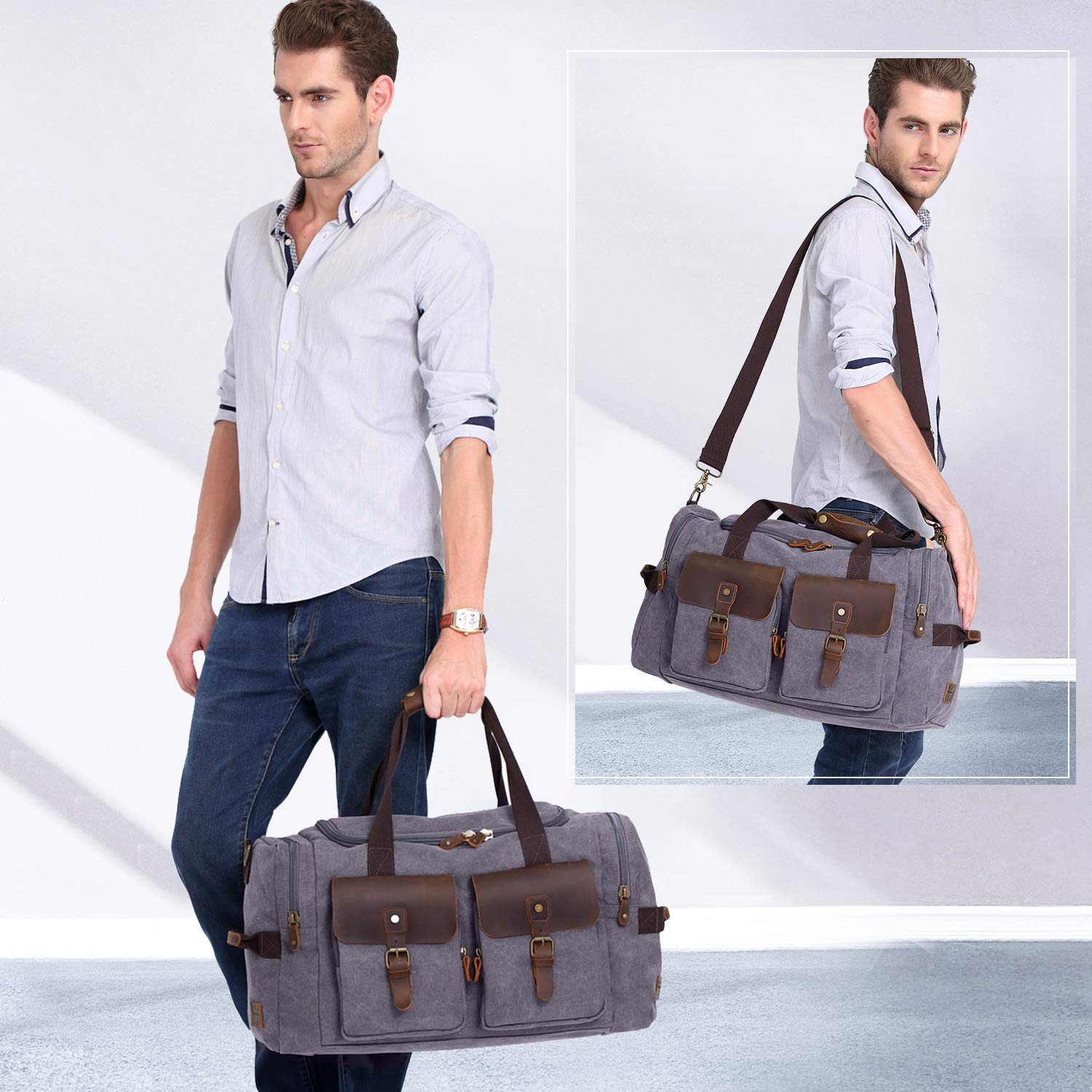 WOWBOX Duffle Bag Weekender Duffel Bag for Men and Women Genuine Leather Canvas Travel Overnight Carry on Bag with Shoes Compartment Grey
