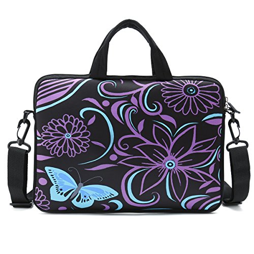 AUPET 16 16.5 17-17.3-Inch Water Resistant Neoprene Sleeve Notebook Neoprene Messenger Case Tote Bag with Outside Handle and Adjustable Shoulder Strap & Extra Pocket(Purple Flower)