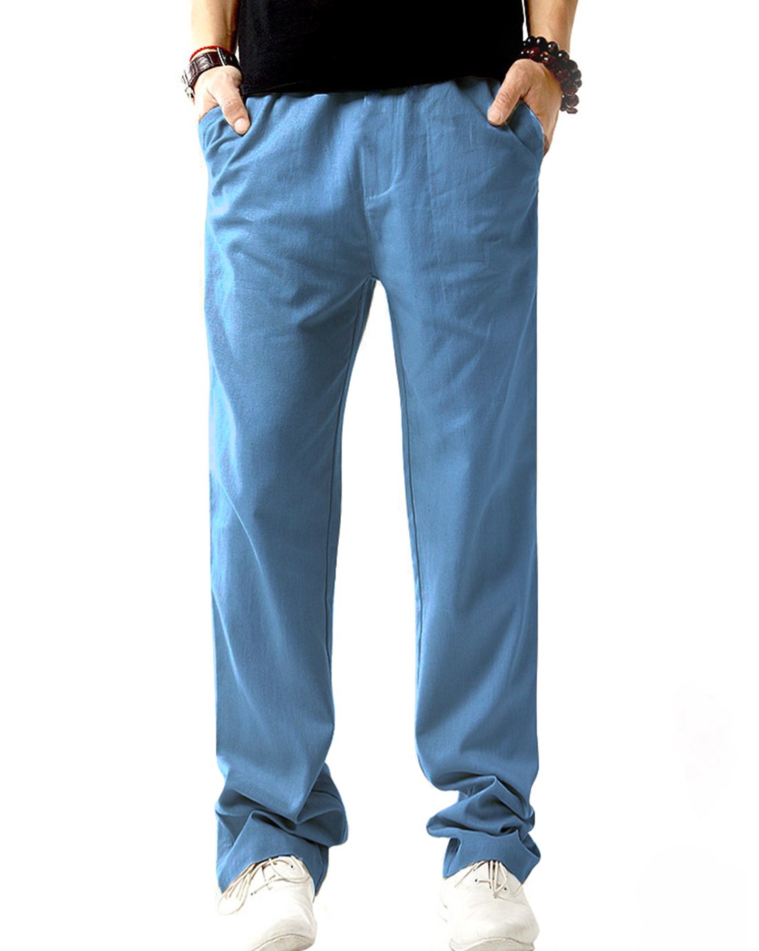 SIR7 Men's Linen Casual Lightweight Drawstrintg Elastic Waist Summer Beach Pants Denim Blue XL