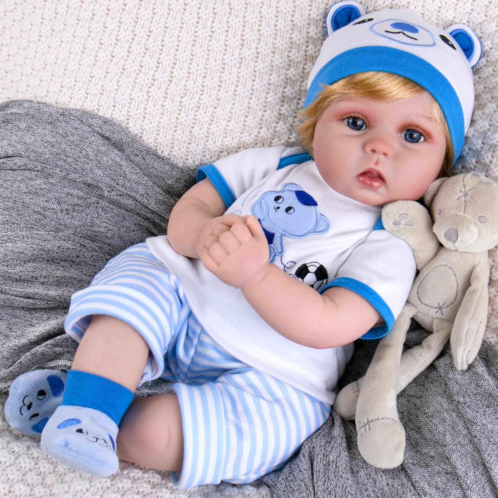 Aori Lifelike Realistic Reborn Baby Boy Doll 22 Inch Handmade Weighted Reborn Baby Doll with Bear Toy