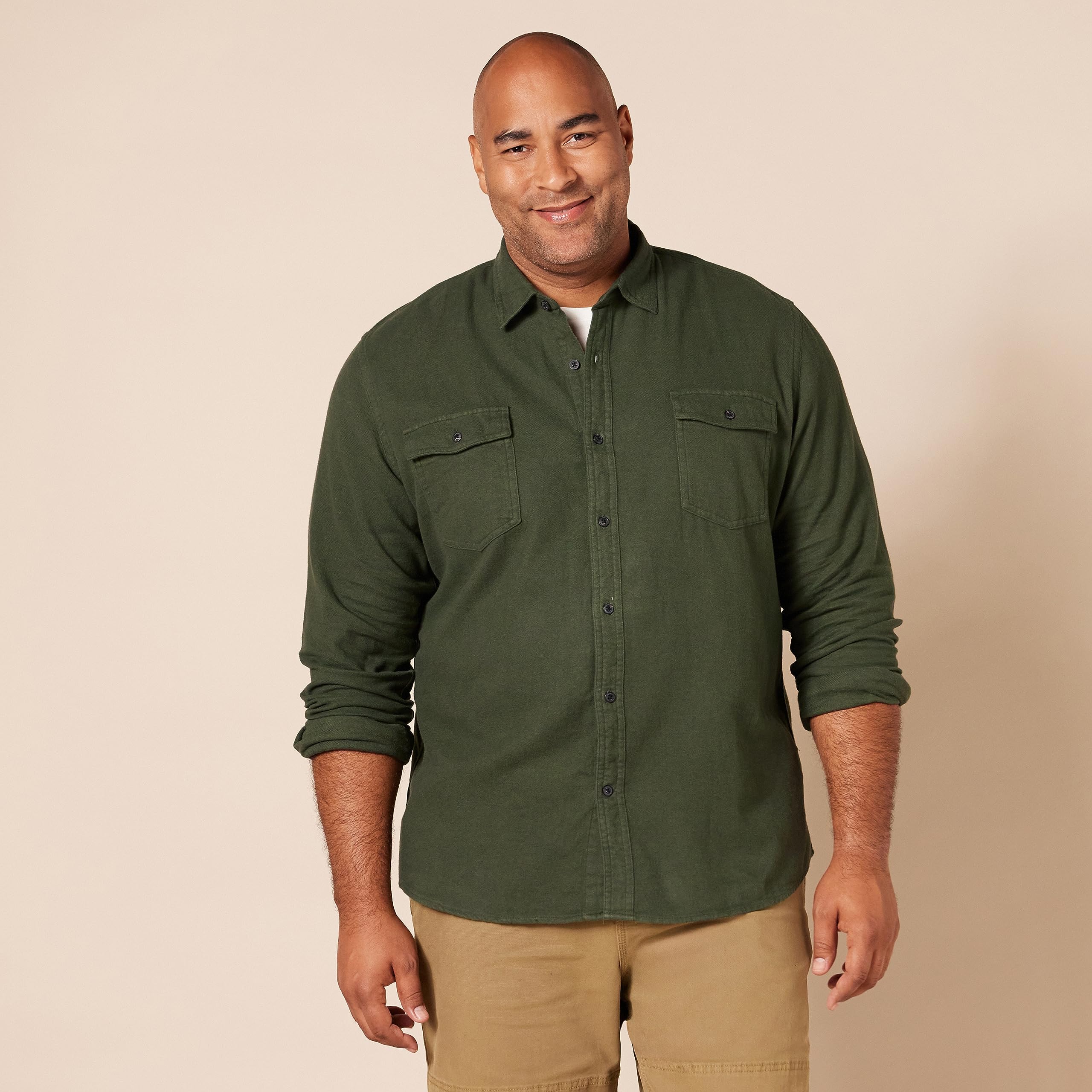 Amazon Essentials Men's Long-Sleeve Flannel Shirt, Regular-Fit, Two Pockets, Olive Heather, X-Large