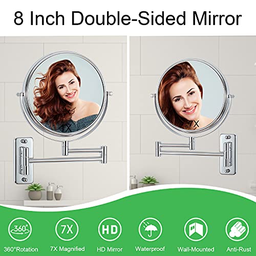 Lansi Wall Mounted Makeup Mirror, 7x/1x Double-Sided Magnifying Mirror, 360° Extendable Arm Wall Mirror, 8 inch Bathroom Mirror for Makeup or Shaving Chrome Finish