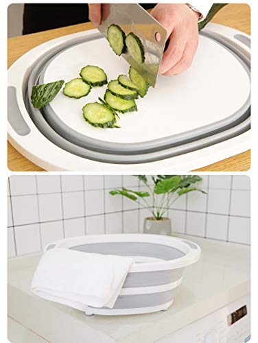 AAKitchen Collapsible Dish Pan Cutting Board Combo Portable Washing Basin Dish Tub Foldable Storage Organizer Wash and Drain Dish Basket over the Sink Dish Drainer for RV, Camp, Marine