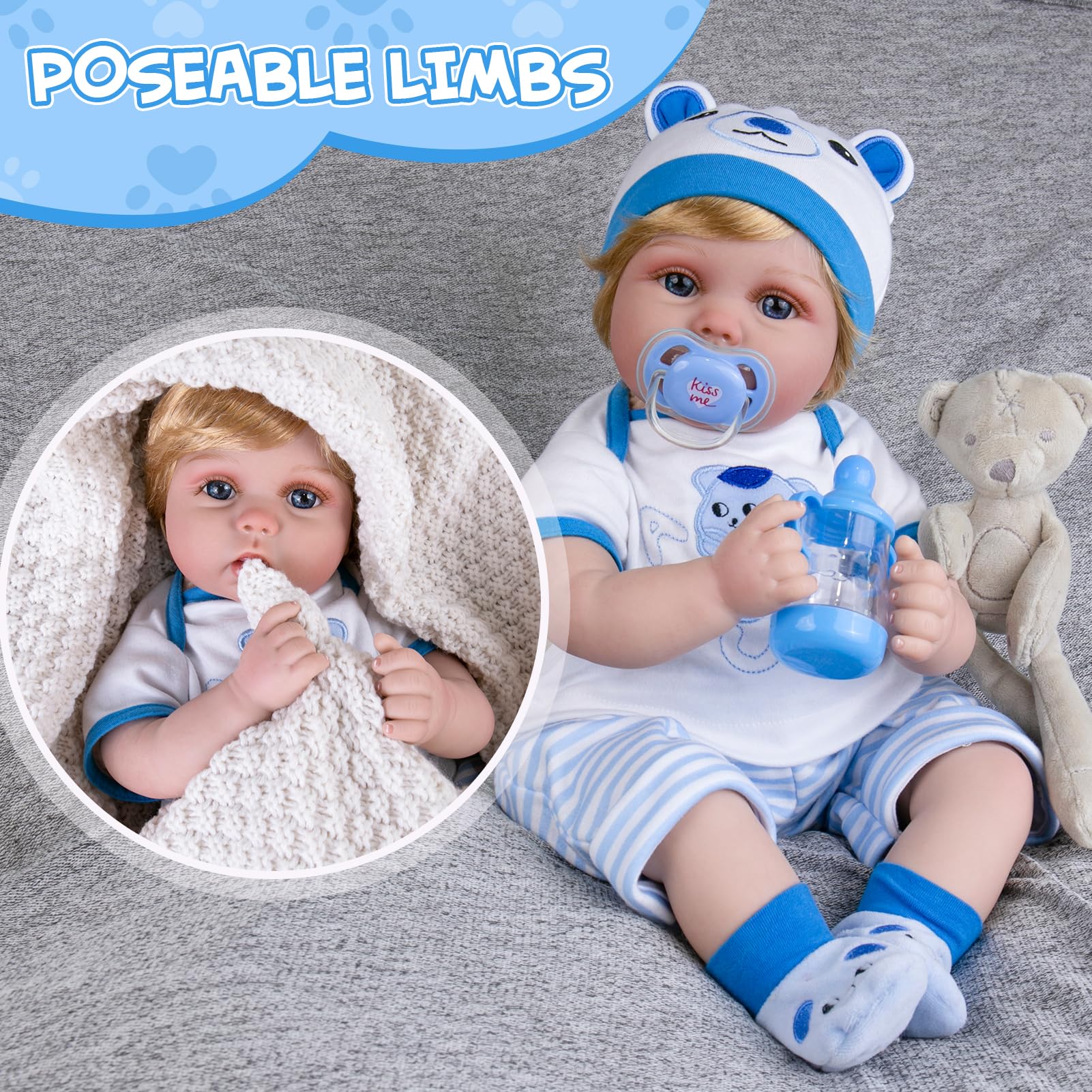 Aori Lifelike Realistic Reborn Baby Boy Doll 22 Inch Handmade Weighted Reborn Baby Doll with Bear Toy