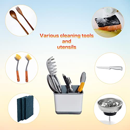 ZUIWAN Kitchen Dish Brush Holder for Kitchen Sink,Utensil Drying Caddy,Scrubber/Bottle Brush/Sponge Holder,Kitchen Sink Counter Organizer has Removable Drain Tray,Plastic(Gray and White)