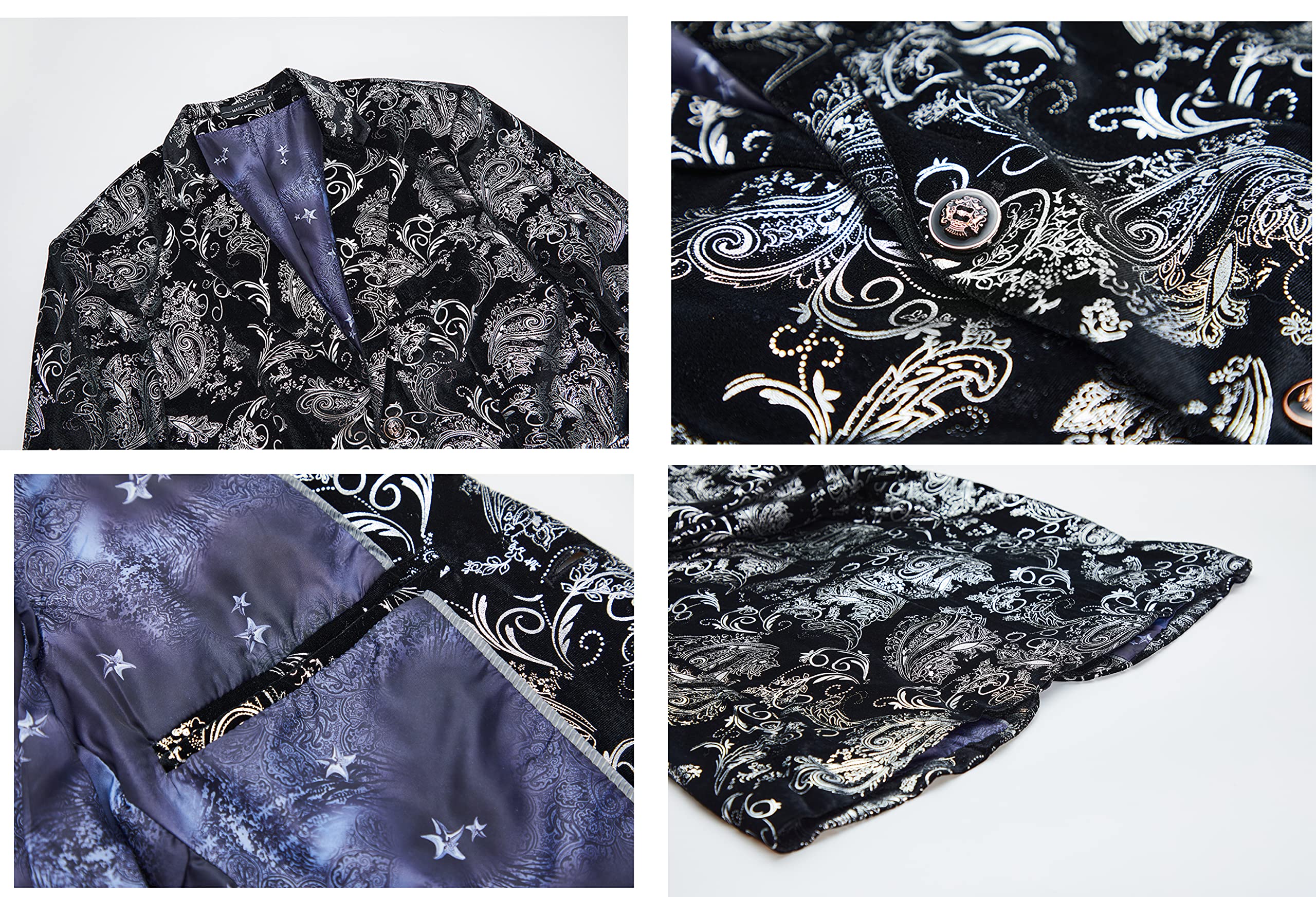 MAGE MALE Men's Dress Party Floral Suit Jacket Notched Lapel Slim Fit Two Button Stylish Blazer Black with Silver