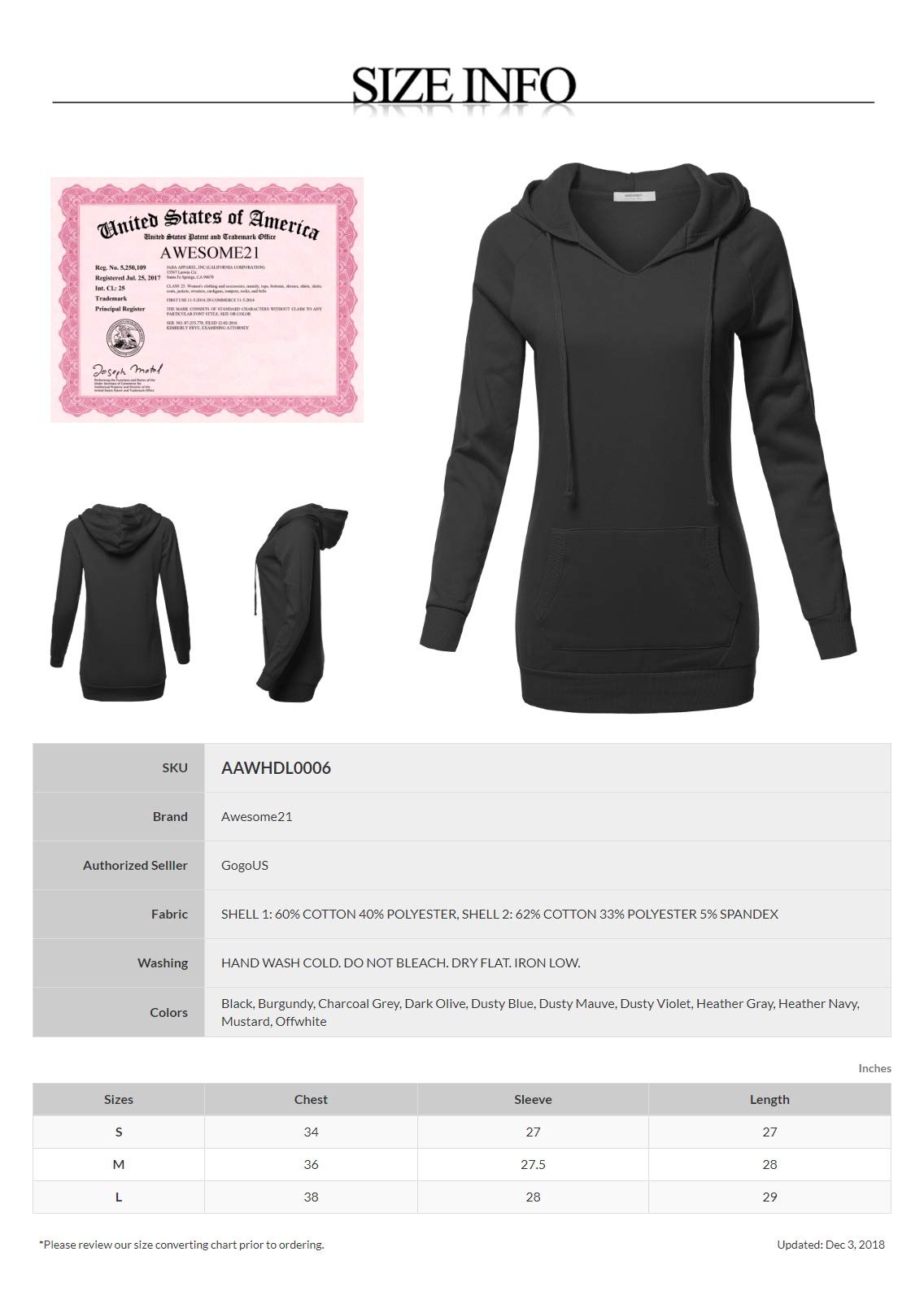 Awesome21 Casual Raglan Long Sleeve Pocket Long-Line Hoodie Heather Gray S