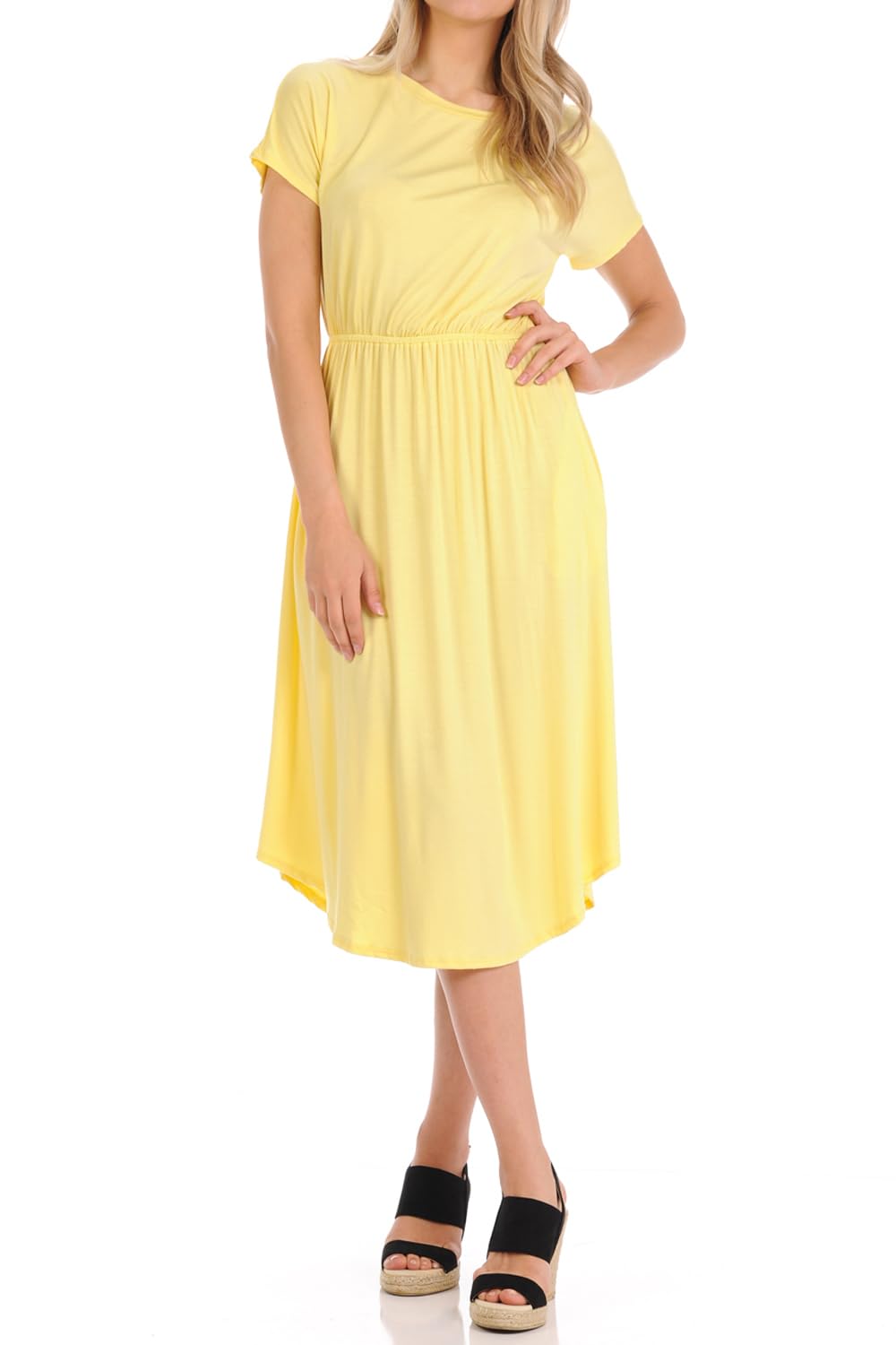 iconic luxe Women's Short Sleeve Flare Midi Dress with Pockets Medium Banana