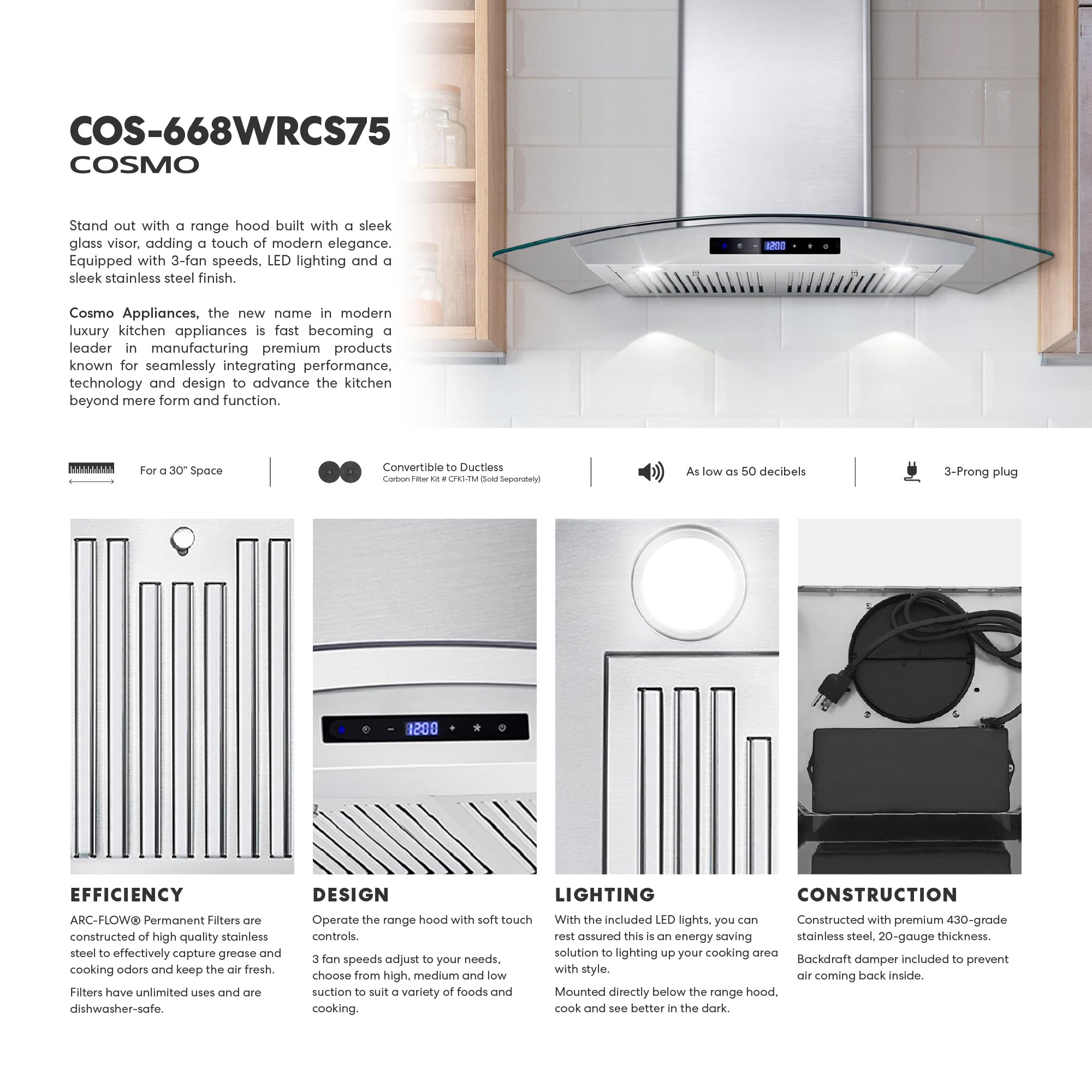 COSMO COS-668WRCS75 30 in. Vista Collection 380 CFM Ducted Wall Mount Range Hood, Touch Controls, LED Lights, Stainless Steel