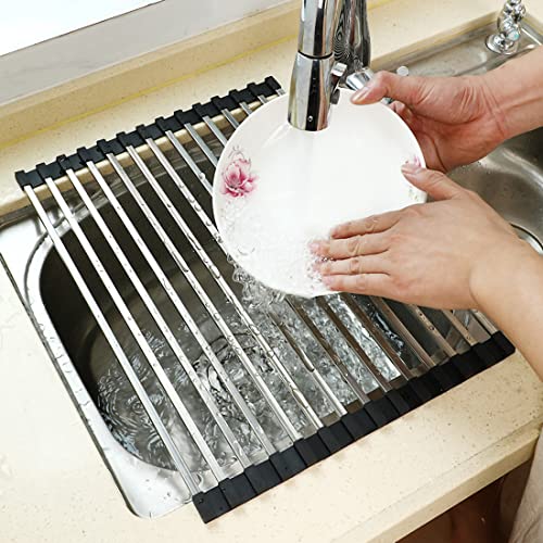 Ahyuan Roll up Dish Drying Rack Over The Sink Dish Drying Rack Square Tubes Dish Rack Over Sink Dish Racks for Kitchen Counter RV Camper Accessories for Travel Trailers (Black, 17.8''Wx13.4''L)